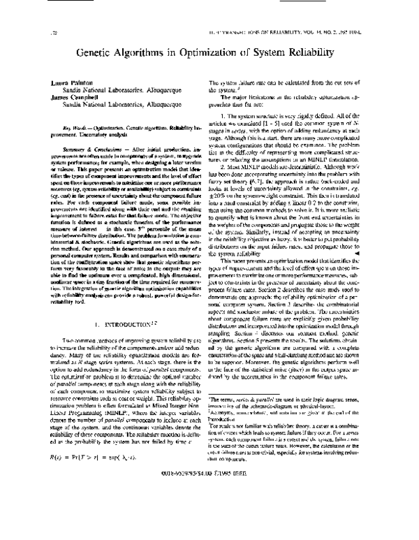 (PDF) Genetic algorithms in optimization of system reliability