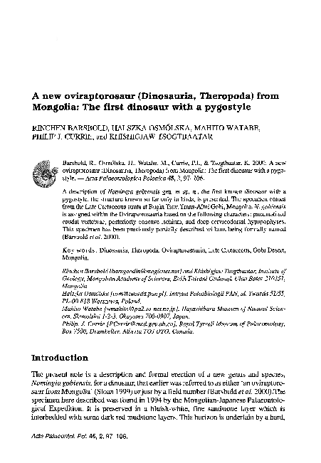 (PDF) A new oviraptorosaur (Dinosauria, Theropoda) from Mongolia: The ...