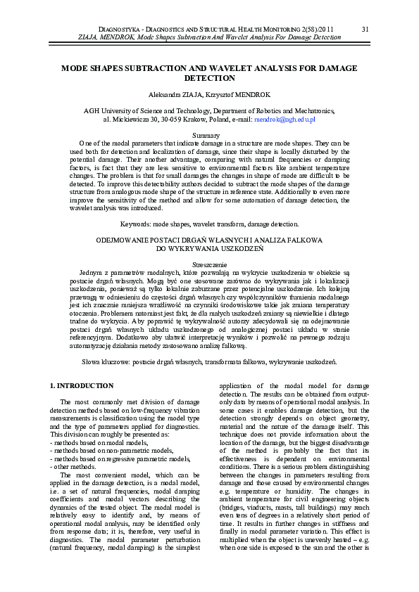 (PDF) Mode shapes subtraction and wavelet analysis for damage detection