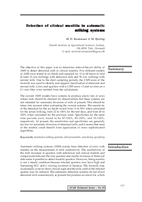 (PDF) Detection of clinical mastitis in automatic milking systems