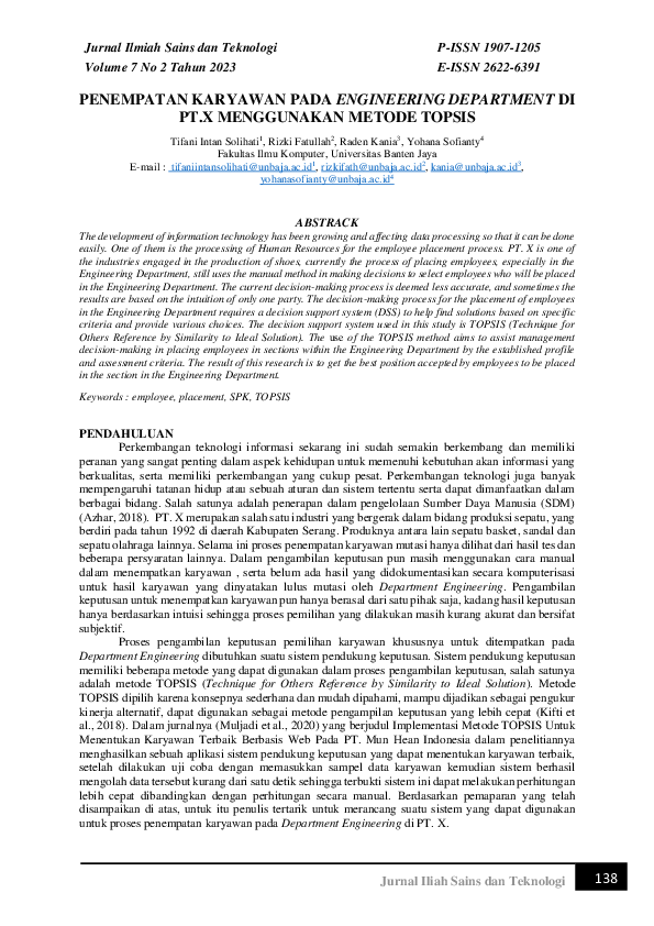 (PDF) Penempatan Karyawan Pada Engineering Department DI PT.X Menggunakan Metode Topsis | Yohana ...