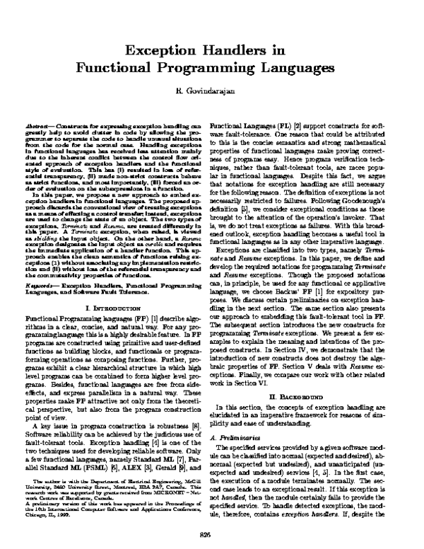 (PDF) Embedding Exception Handlers in Functional Languages