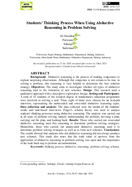 (PDF) Students’ Thinking Process When Using Abductive Reasoning in Problem Solving | Sudirman ...