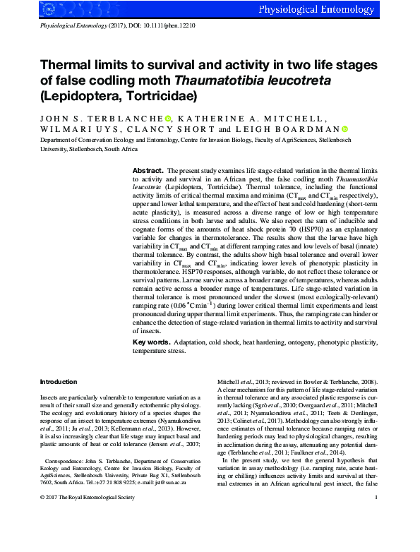 (PDF) Thermal limits to survival and activity in two life stages of ...