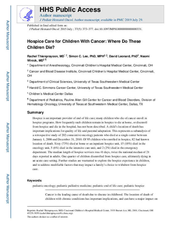 (PDF) Hospice Care for Children With Cancer | Simon Craddock Lee ...