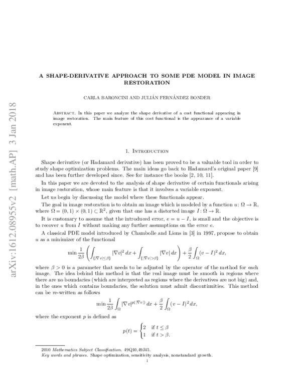 (PDF) A shape-derivative approach to some PDE model in image restoration