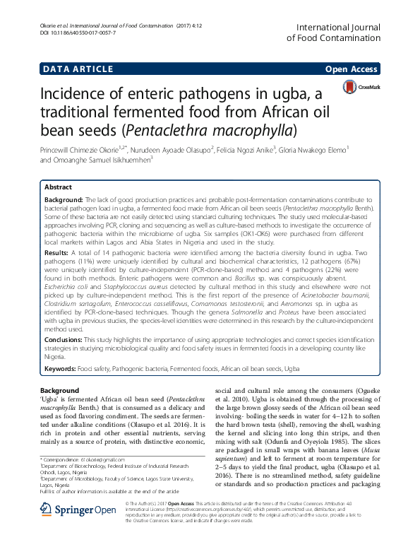 (PDF) Incidence of enteric pathogens in ugba, a traditional fermented ...