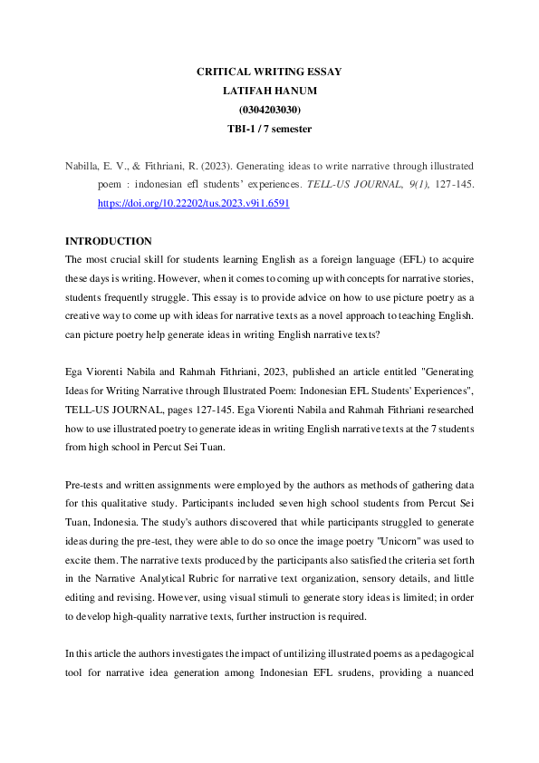 (PDF) CRITICAL WRITING (Generating ideas to write narrative through ...