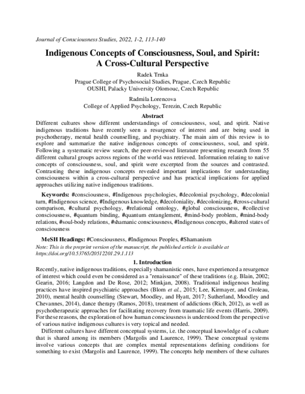 (PDF) Indigenous Concepts of Consciousness, Soul, and Spirit: A Cross ...