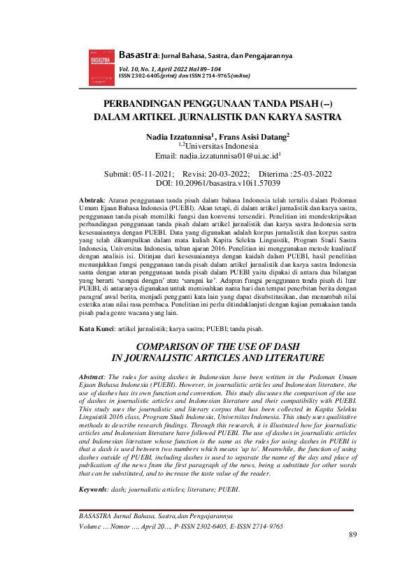 (PDF) Perbandingan Penggunaan Tanda Pisah (--) Dalam Artikel Jurnalistik Dan Karya Sastra