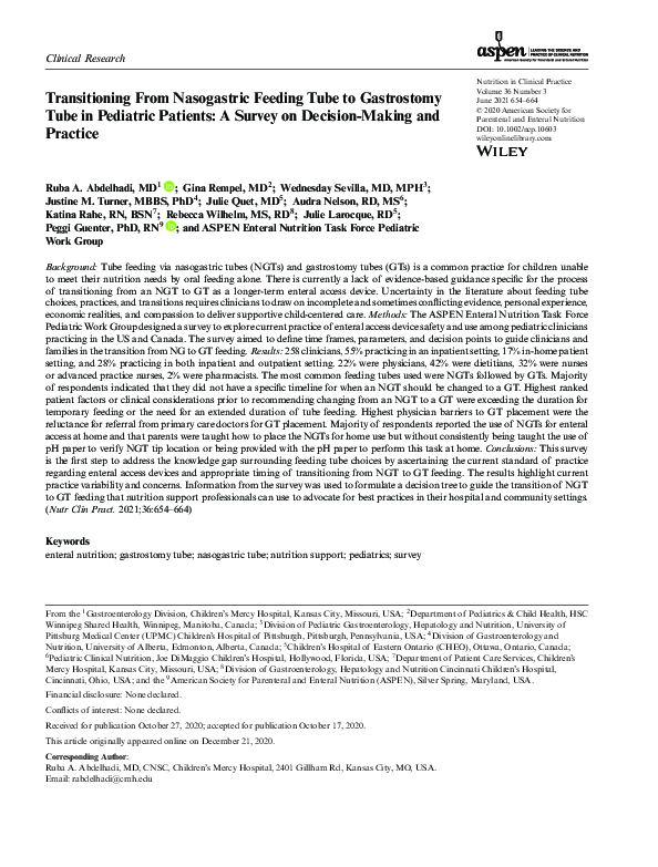 (PDF) Transitioning From Nasogastric Feeding Tube to Gastrostomy Tube in Pediatric Patients: A ...