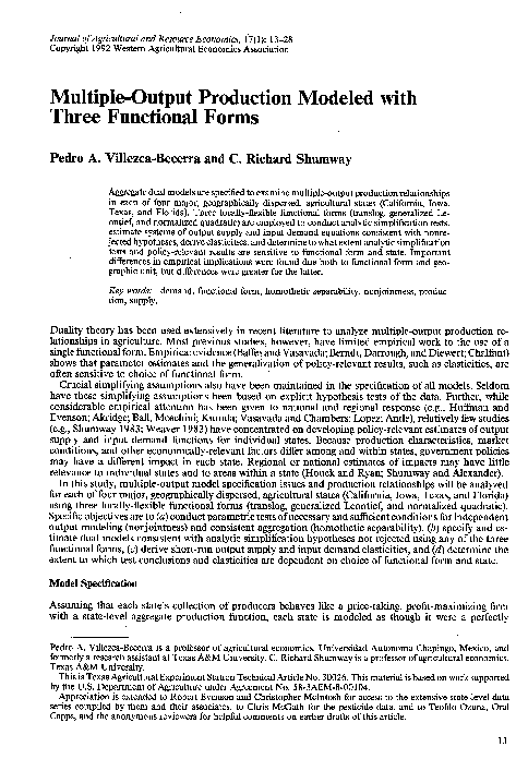 (PDF) Multiple-Output Production Modeled with Three Functional Forms | C. Shumway - Academia.edu