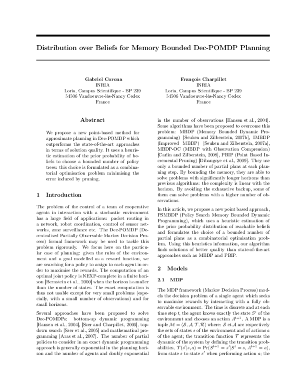 (PDF) Distribution over beliefs for memory bounded Dec-POMDP planning