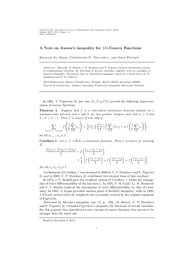 (PDF) A note on Jensen's inequality for 2D-convex functions | Constantin Niculescu - Academia.edu