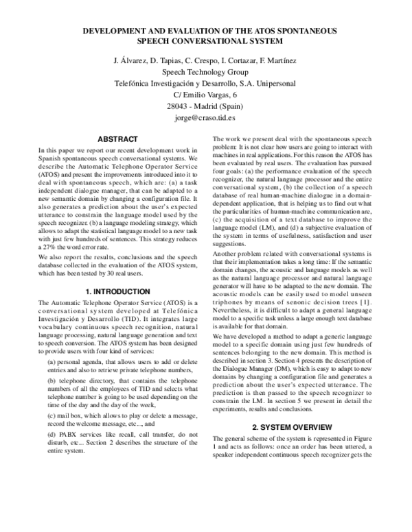 (PDF) Development and evaluation of the ATOS spontaneous speech conversational system