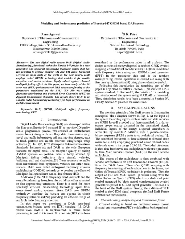 Pdf Modeling And Performance Prediction Of Eureka 147 Ofdm Based Dab System Arun Agarwal