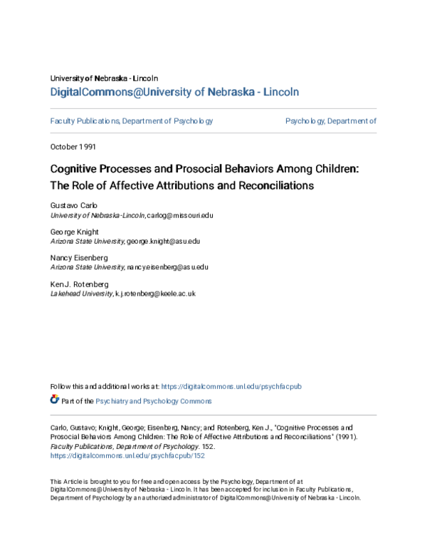 (PDF) Cognitive processes and prosocial behaviors among children: The role of affective ...