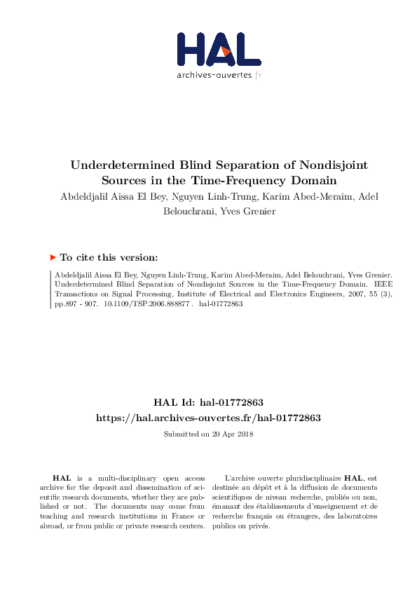 Pdf Underdetermined Blind Separation Of Nondisjoint Sources In The Time Frequency Domain 