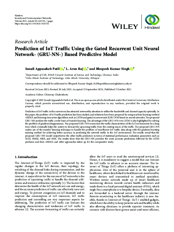 Pdf Prediction Of Iot Traffic Using The Gated Recurrent Unit Neural Network Gru Nn Based