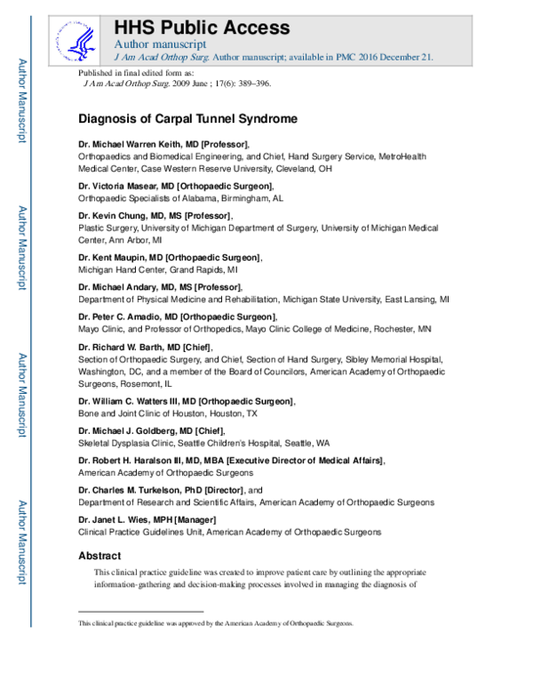 (PDF) Diagnosis of Carpal Tunnel Syndrome