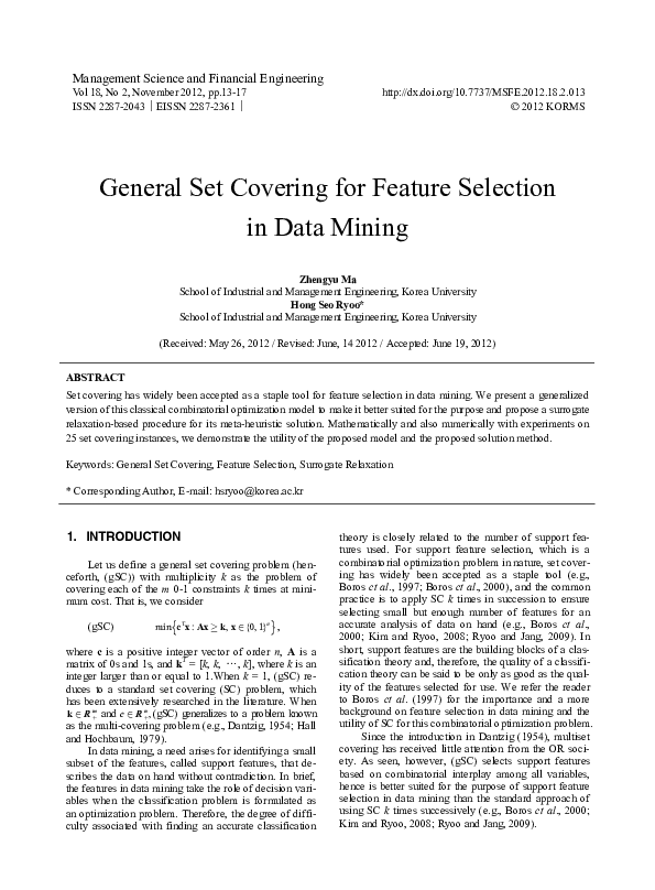 (PDF) General Set Covering for Feature Selection in Data Mining ...