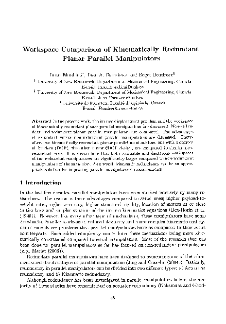 (PDF) Workspace Comparison of Kinematically Redundant Planar Parallel Manipulators