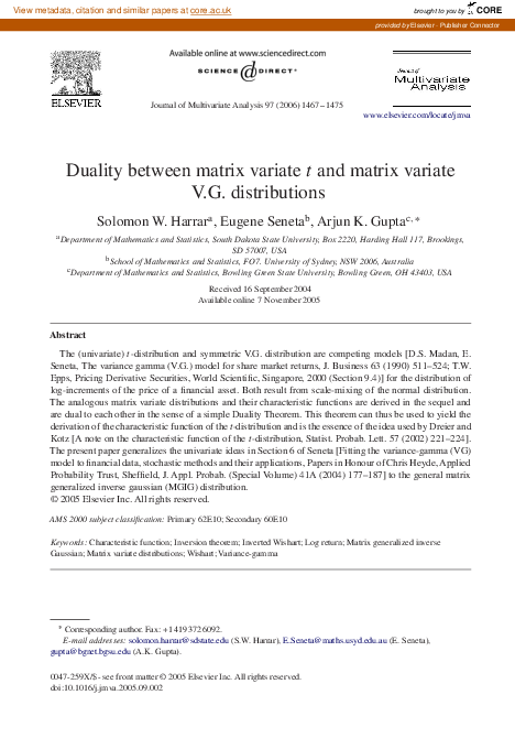 (PDF) Duality between matrix variate t and matrix variate V.G ...