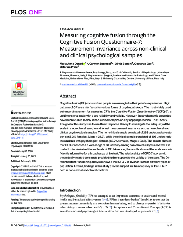 (PDF) Measuring cognitive fusion through the Cognitive Fusion Questionnaire-7: Measurement ...