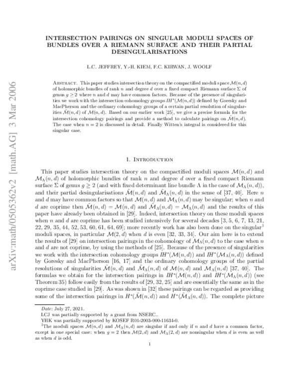 Pdf Intersection Pairings On Singular Moduli Spaces Of Bundles Over A Riemann Surface And