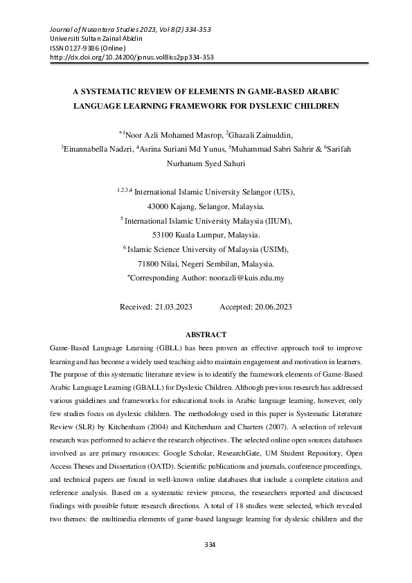 (PDF) A Systematic Review of Elements in Game-Based Arabic Language Learning Framework for ...