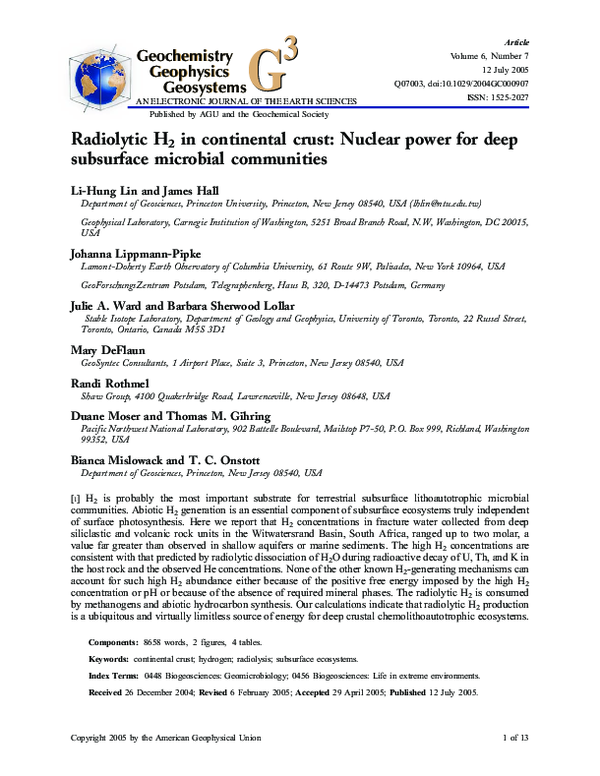 Pdf Radiolytic H2 In Continental Crust Nuclear Power For Deep Subsurface Microbial Communities