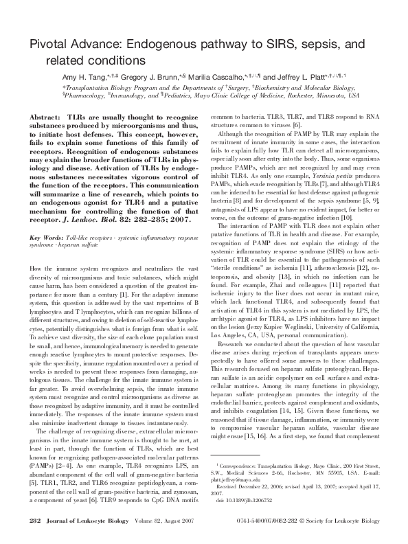 (PDF) Pivotal Advance: Endogenous pathway to SIRS, sepsis, and related ...