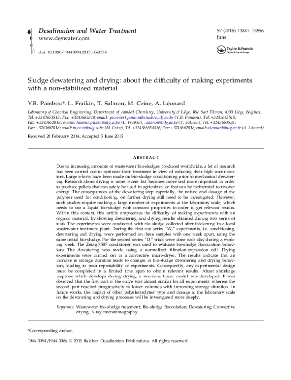 (PDF) Sludge dewatering and drying: about the difficulty of making ...