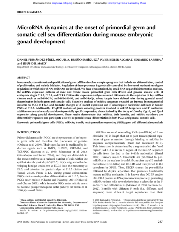 (PDF) MicroRNA dynamics at the onset of primordial germ and somatic ...