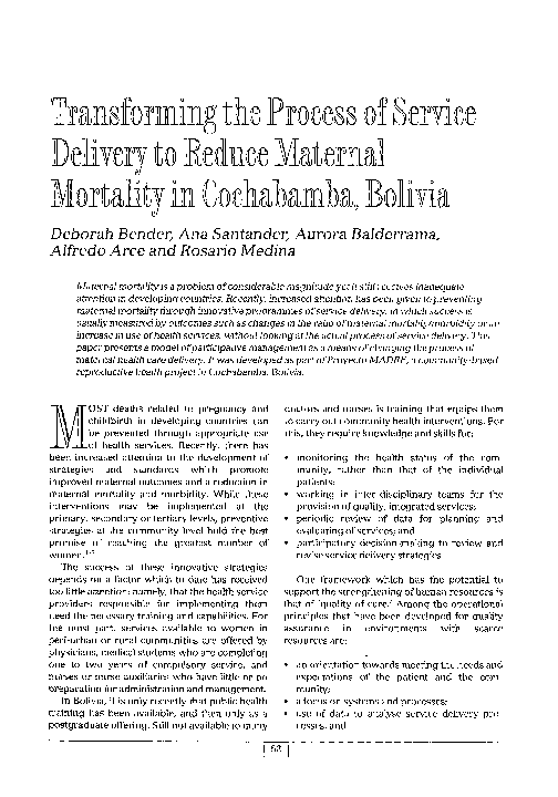 (PDF) Transforming the process of service delivery to reduce maternal mortality in Cochabamba ...