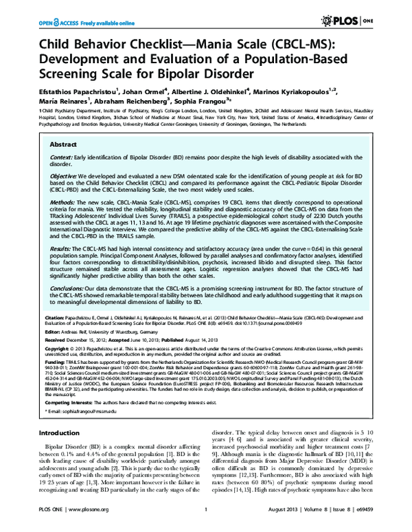 (PDF) Child Behavior Checklist—Mania Scale (CBCL-MS): Development and ...