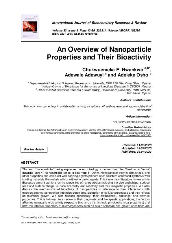 (PDF) An Overview of Nanoparticle Properties and Their Bioactivity