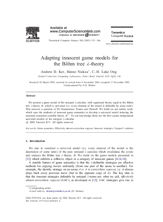 (PDF) Adaptinginnocent g ame models for the B#ohm tree -theory