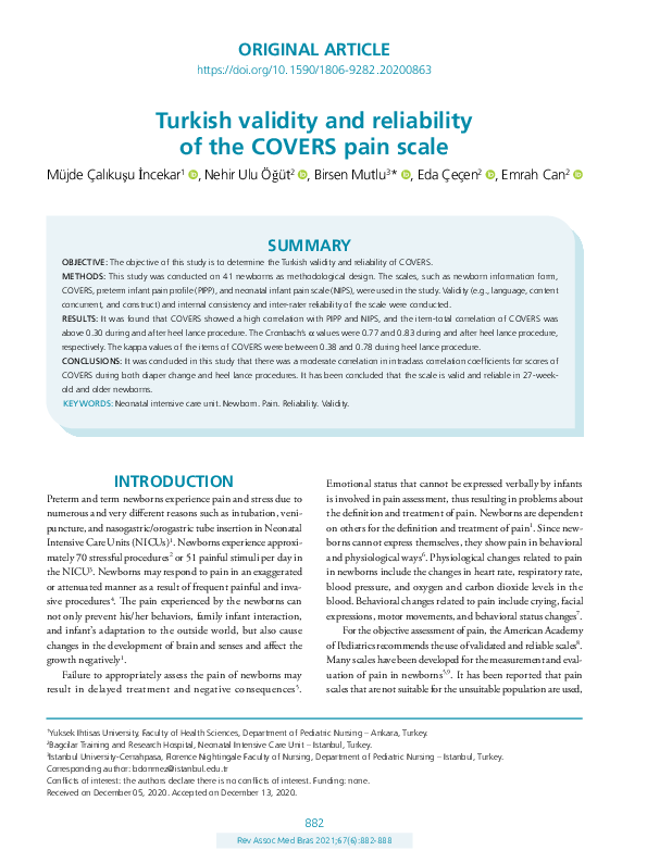 (PDF) Turkish validity and reliability of the COVERS pain scale