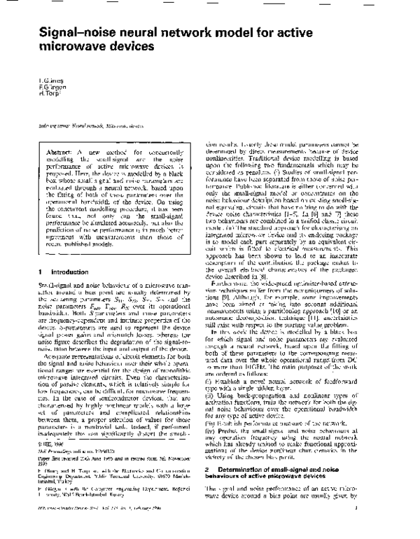 (PDF) Signal–noise neural network model for active microwave devices