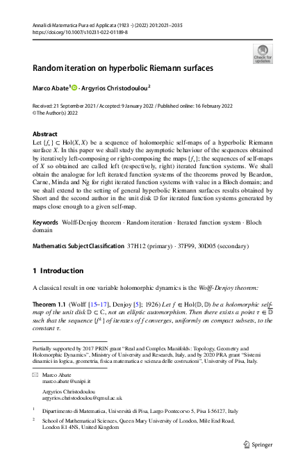 (PDF) Random iteration on hyperbolic Riemann surfaces | MARCO ABATE - Academia.edu