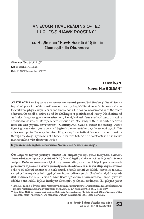 (PDF) An Ecocritical Reading of Ted Hughes’s “Hawk Roosting”