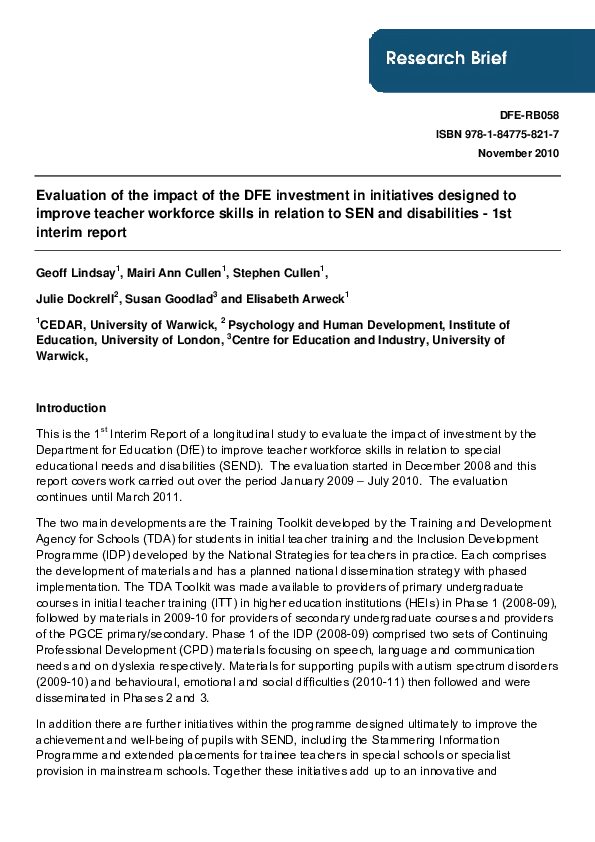 (PDF) Evaluation of the impact of the DFE investment in initiatives ...