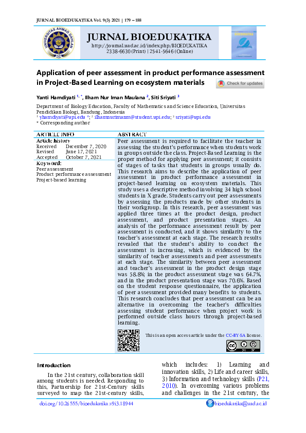 (PDF) The implementation of peer assessment in product performance assessment in project-based ...