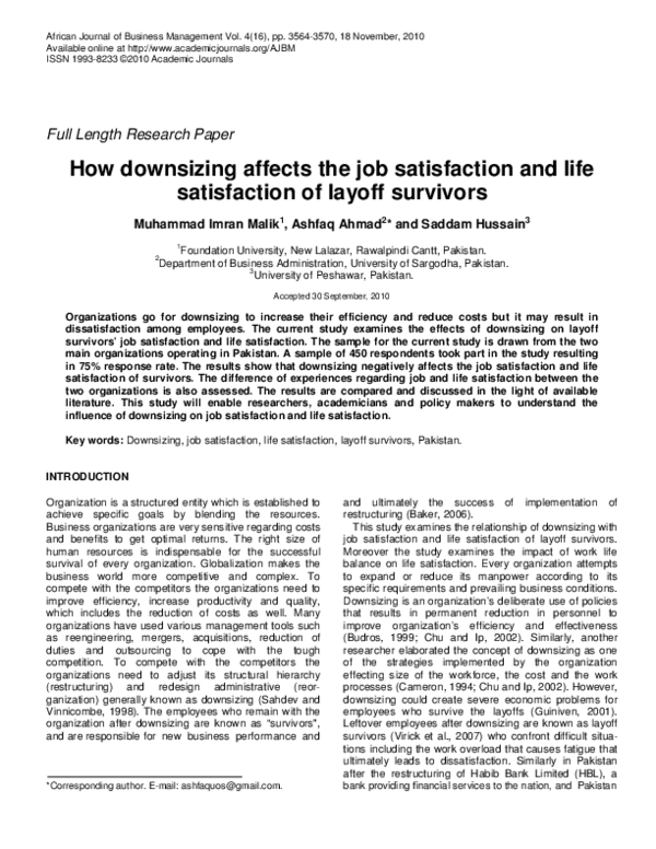 (PDF) How downsizing affects the job satisfaction and life satisfaction of layoff survivors