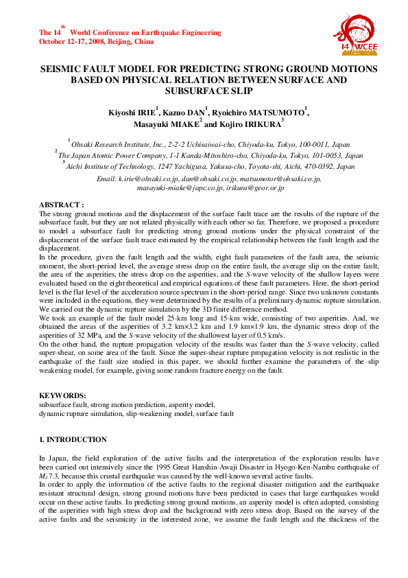 Pdf Seismic Fault Model For Predicting Strong Ground Motions Based On
