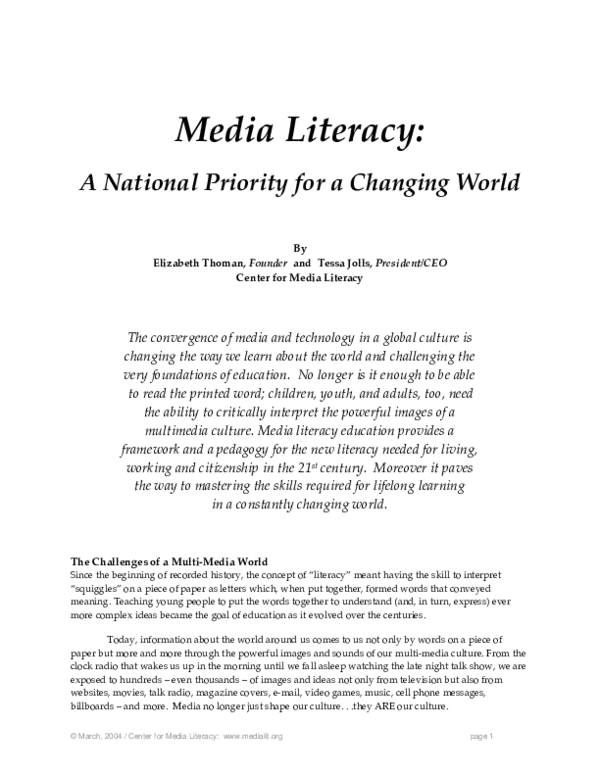 (PDF) Media Literacy—A National Priority for a Changing World