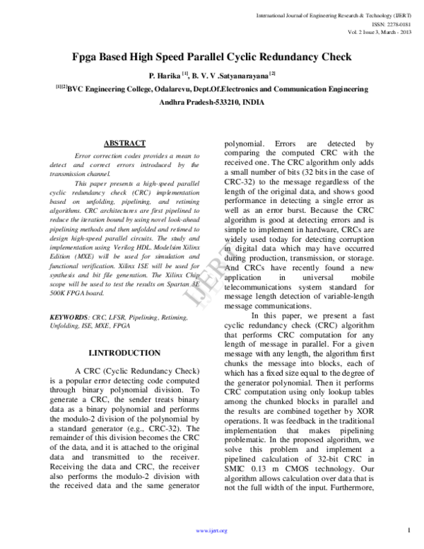(PDF) Fpga Based High Speed Parallel Cyclic Redundancy Check