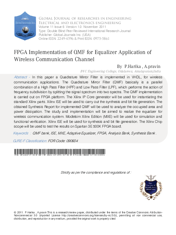 (PDF) FPGA Implementation of QMF for Equalizer Application of Wireless Communication Channel