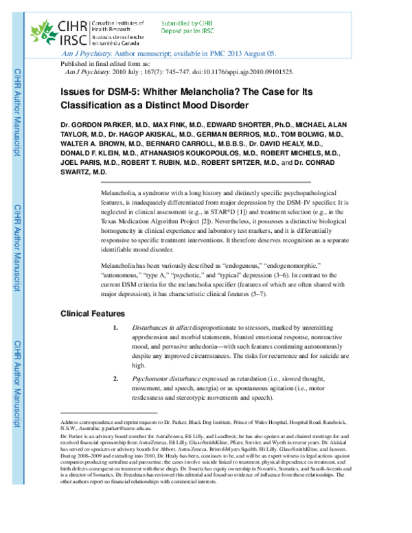 (PDF) Issues for DSM-5: Whither Melancholia? The Case for Its ...
